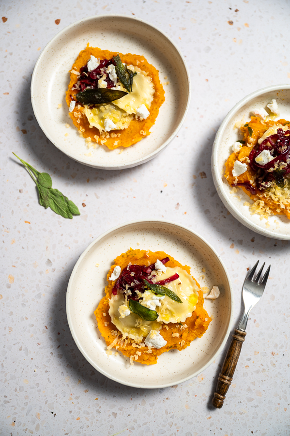 Pompoenpuree met ravioli en geitenkaas - Brenda Kookt