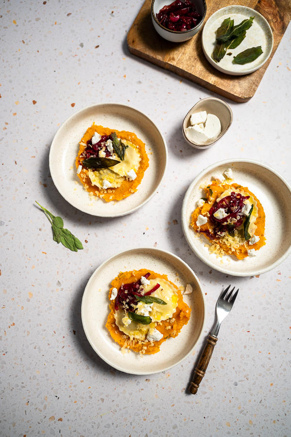 Pompoenpuree met ravioli en geitenkaas - Brenda Kookt